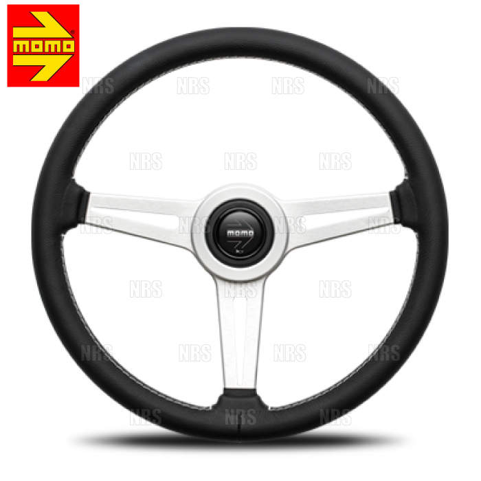 MOMO（モモ） RETRO レトロ 359mm ブラックレザー＆ホワイトステッチ シルバースポーク (R-30 : エービーエムストア 4号 ...