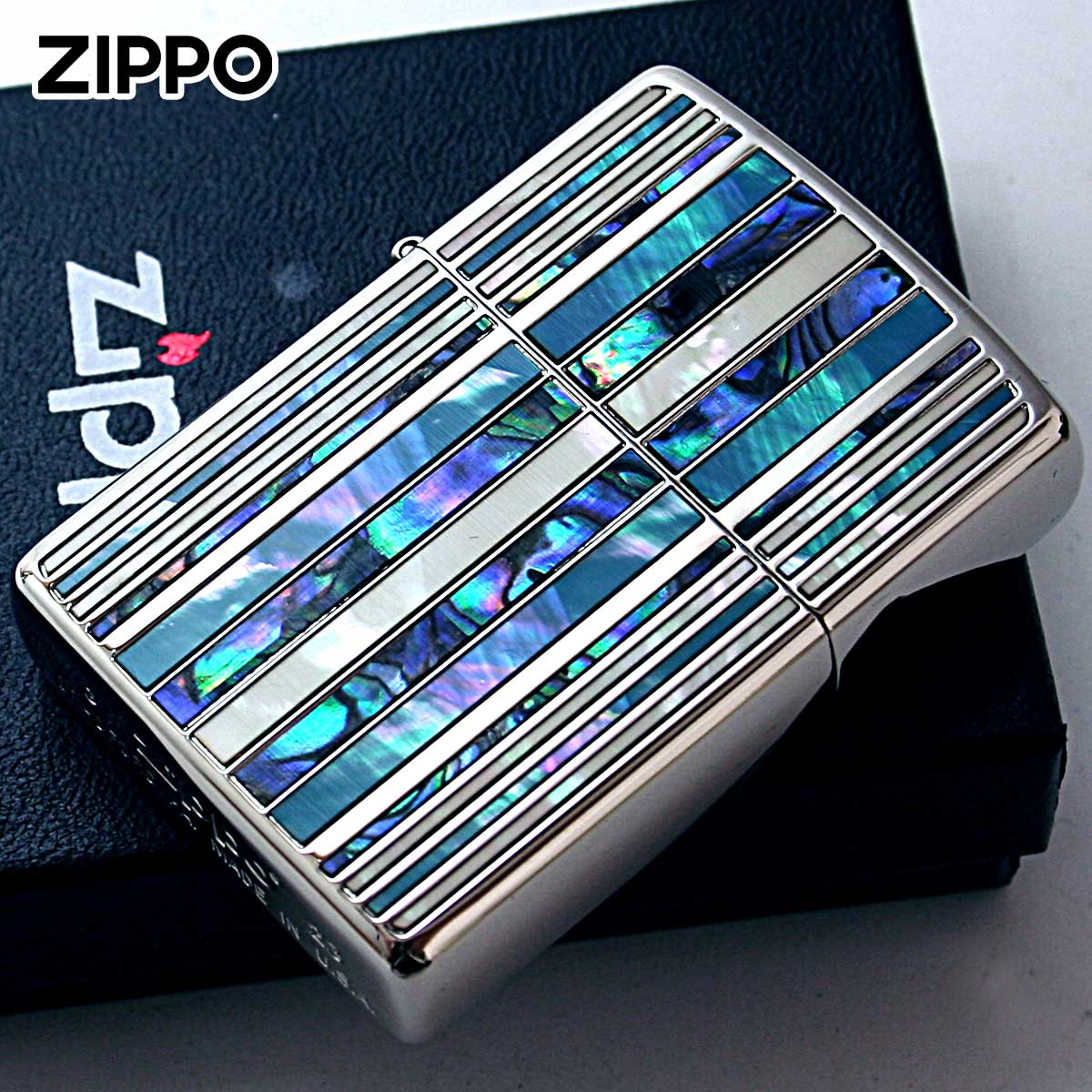 ZIPPO Zippo ジッポライター シェル 貝 インレイ 象嵌 ストライプ シルバー SHELL STRIPE SV 1201S831 ...