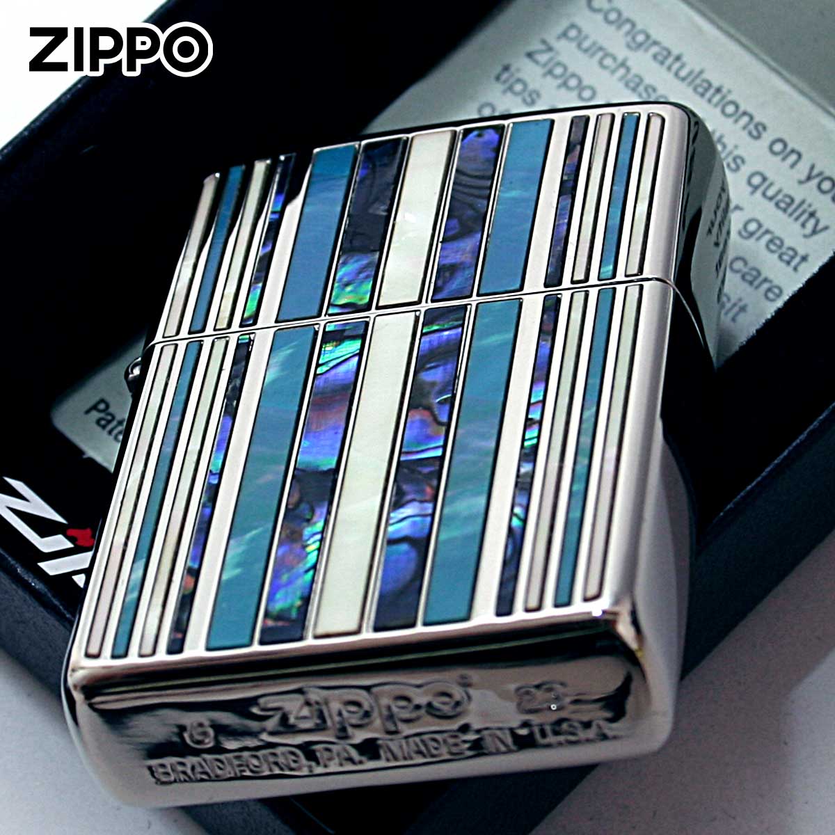 ZIPPO Zippo ジッポライター シェル 貝 インレイ 象嵌 ストライプ シルバー SHELL STRIPE SV 1201S831 ...