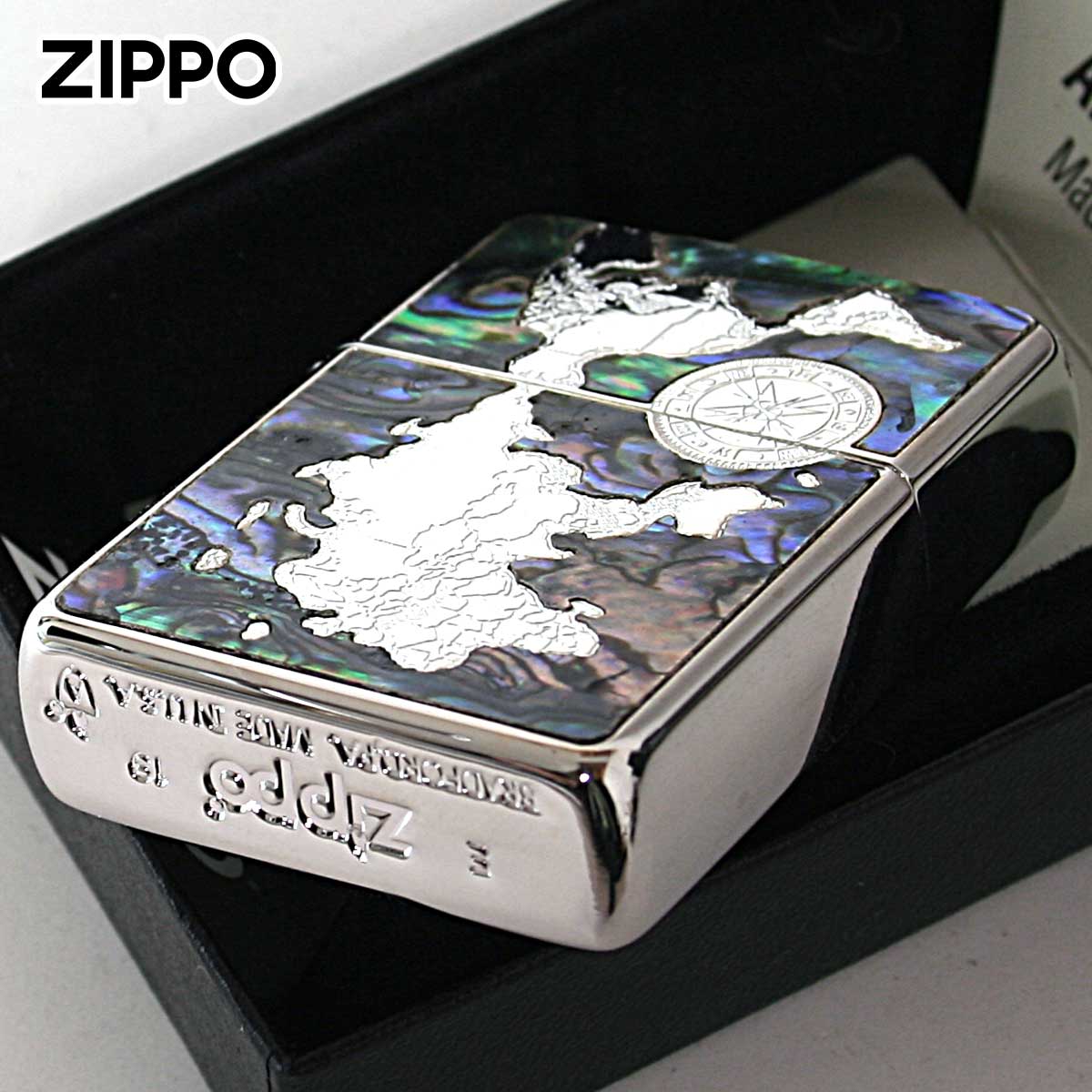 シェル Zippo ジッポライター 貝 インレイ 象嵌 ワールドマップ 銀メッキ Shell World Map Silver Plate S ...
