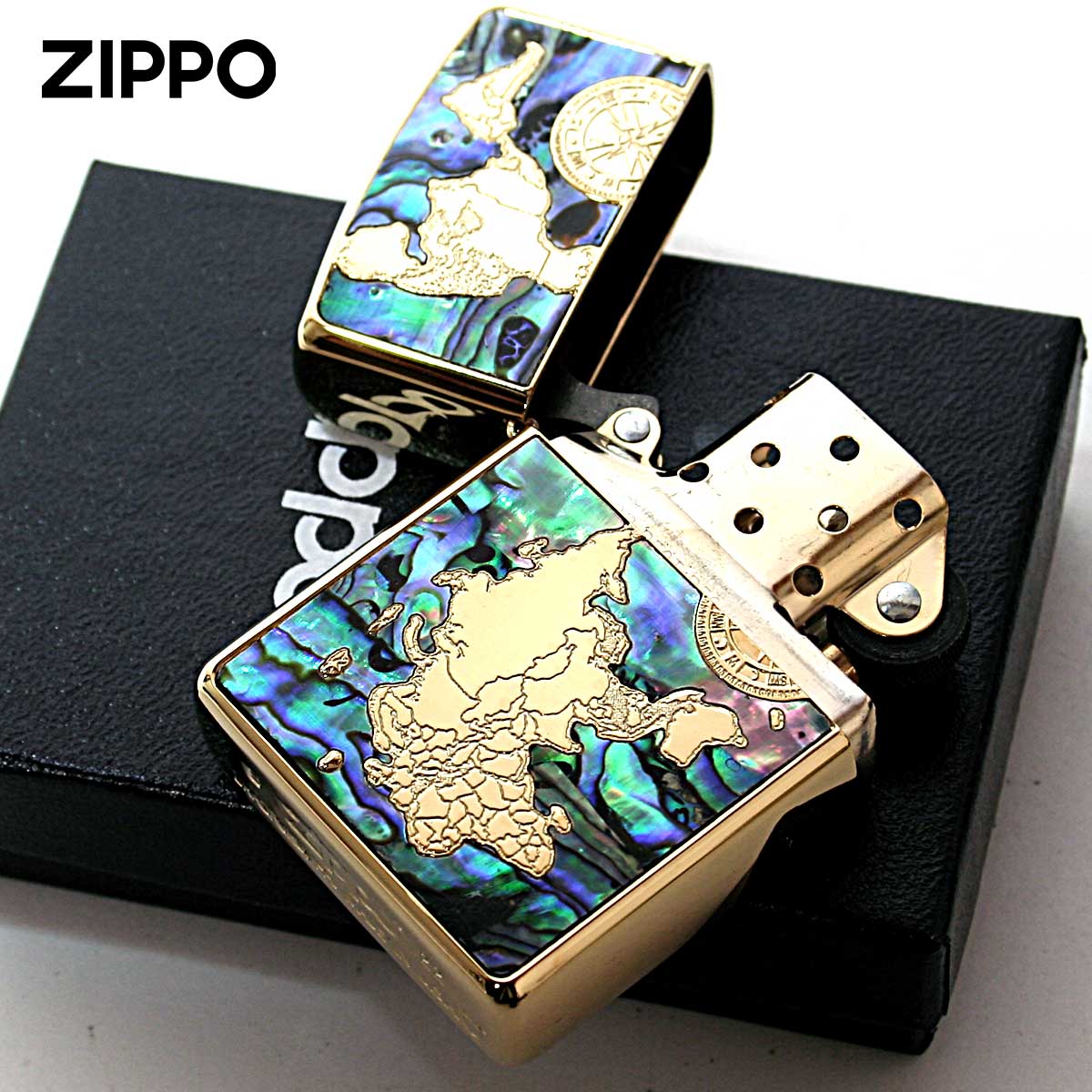 シェル Zippo ジッポライター 貝 インレイ 象嵌 ワールドマップ 銀メッキワールドマップ Shell World Map Gold ...