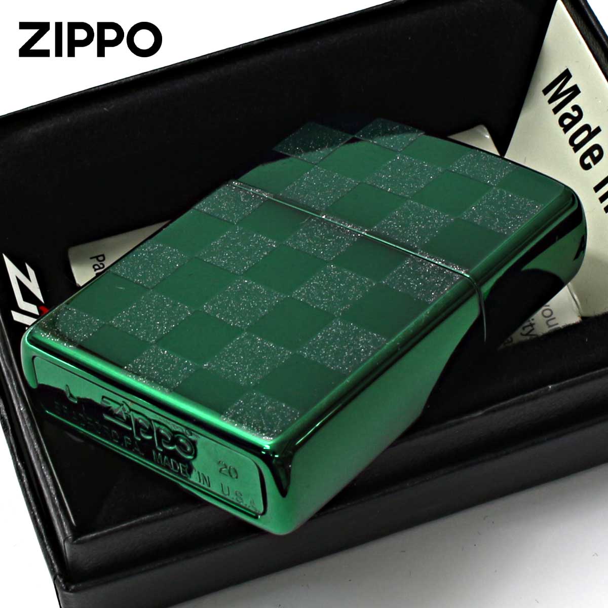 チェッカー Zippo ジッポライター チェック ラメ 幾何学模様 両面加工 グリーン ジオメトリック GEOMETRIC CHECK ...