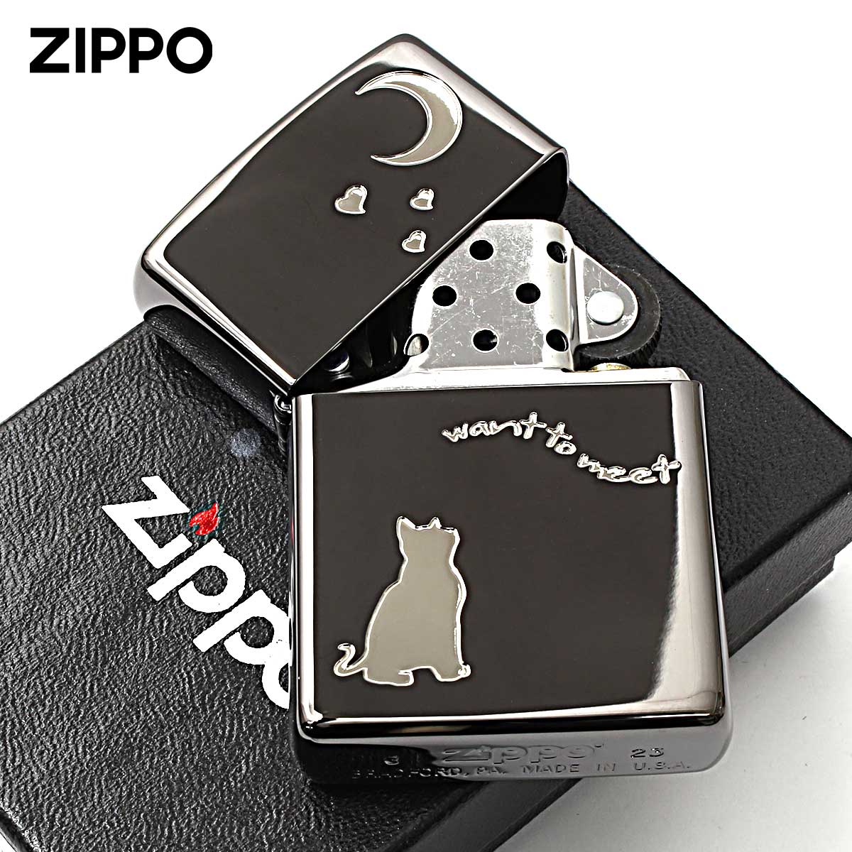 Zippo ジッポライター ネコ 猫 Cat 月 Moon シルエット ブラックニッケル CAT in LOVE 2CAT-BNA メール便 ...