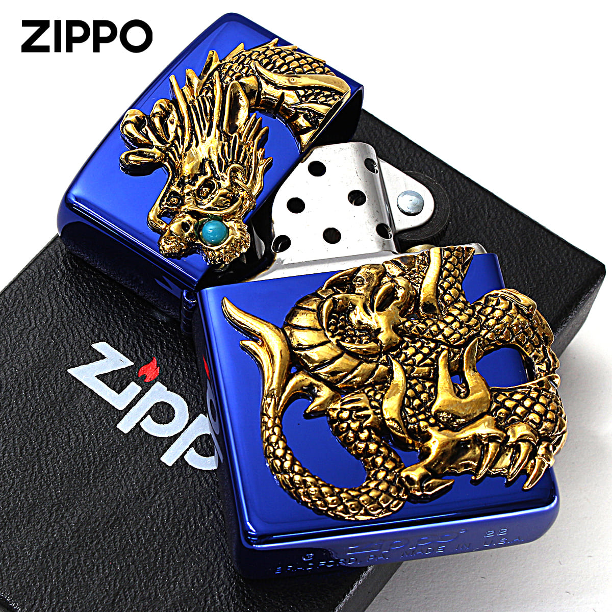 Zippo ジッポライター 限定100個 ドラゴンメタル ターコイズ 龍 天然石 ブルー DRAGON METAL Turquoise ...