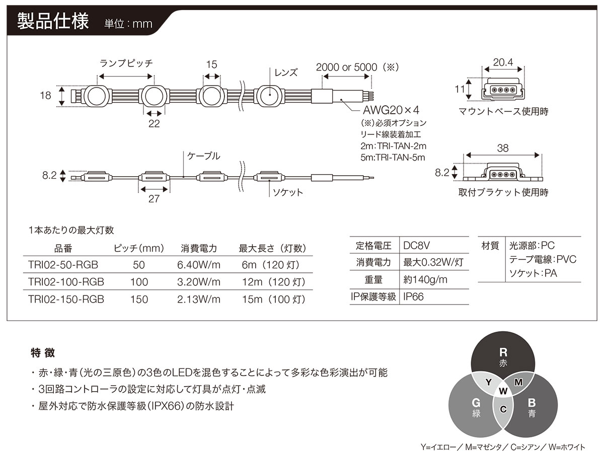 トキスター TOKISTAR LEDフルカラー照明 TRILLIUM DC8V 屋外・屋内兼用 IP66 ランプピッチ:150mm 直流電源 ...