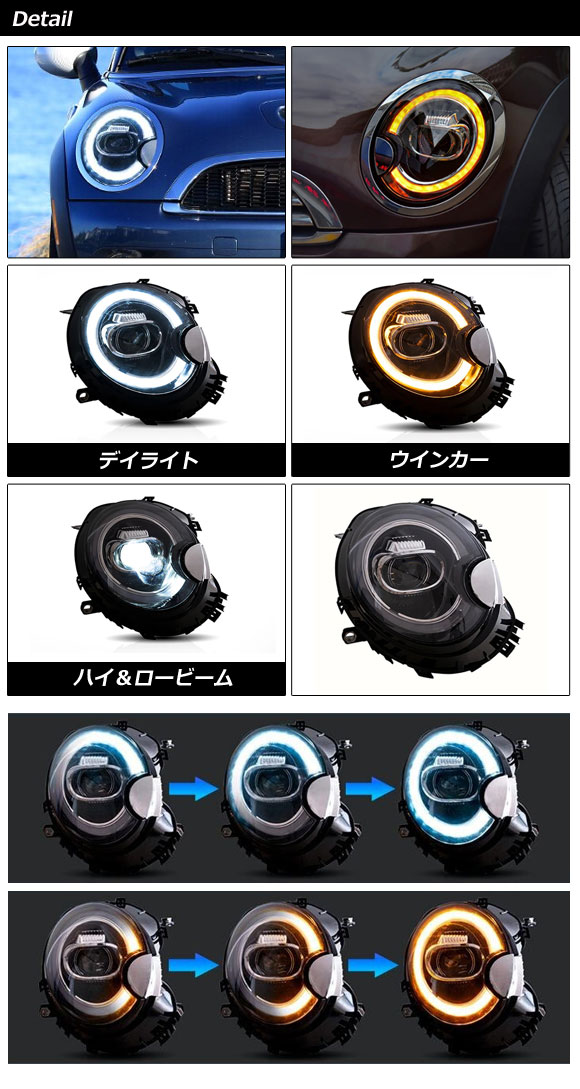 LEDヘッドライト ミニ(BMW) R55/R56/R57/R58/R59 2007年〜2014年 クリアレンズ シーケンシャルウインカー連動 ...