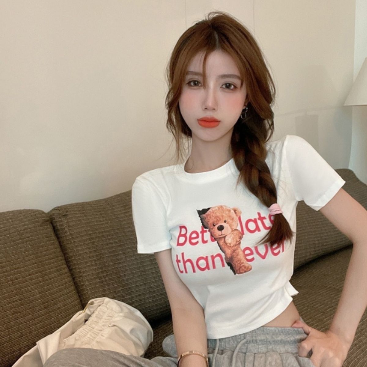 Belle Cie Tシャツ トップス 半袖 短丈 くま プリント 転写 原宿系 夏 レディース 韓国ファッション フォト クロップド ショート丈 かわいい ユニーク : Zutty - 通販 ...