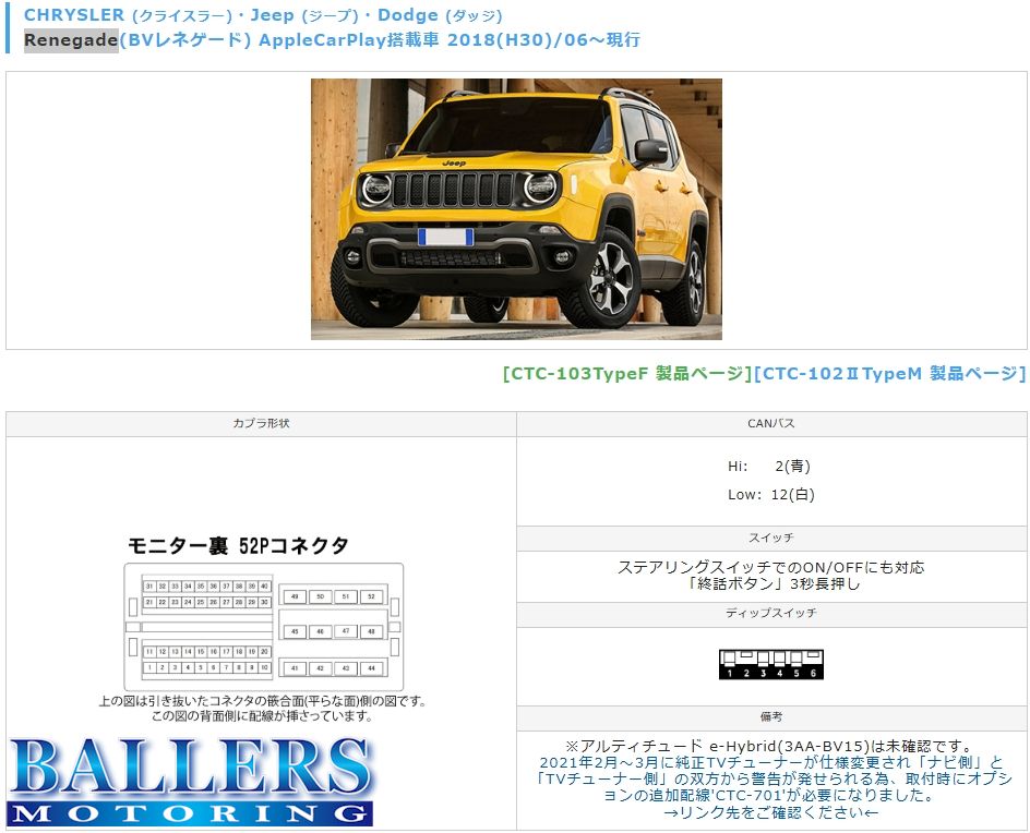 Jeep interplan TVキャンセラー ジープ BVレネゲード AppleCarPlay搭載車 テレビキャンセラー 日本製 CTC-103 TypeF インタープラン : ボーラーズ ...