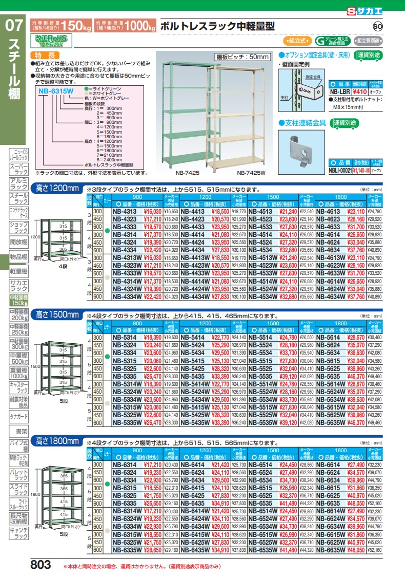 【直送品】 サカエ ボルトレスラック中軽量型（150kg／段・4段タイプ） NB-5624W (181598) 【特大・送料別】 :saka ...