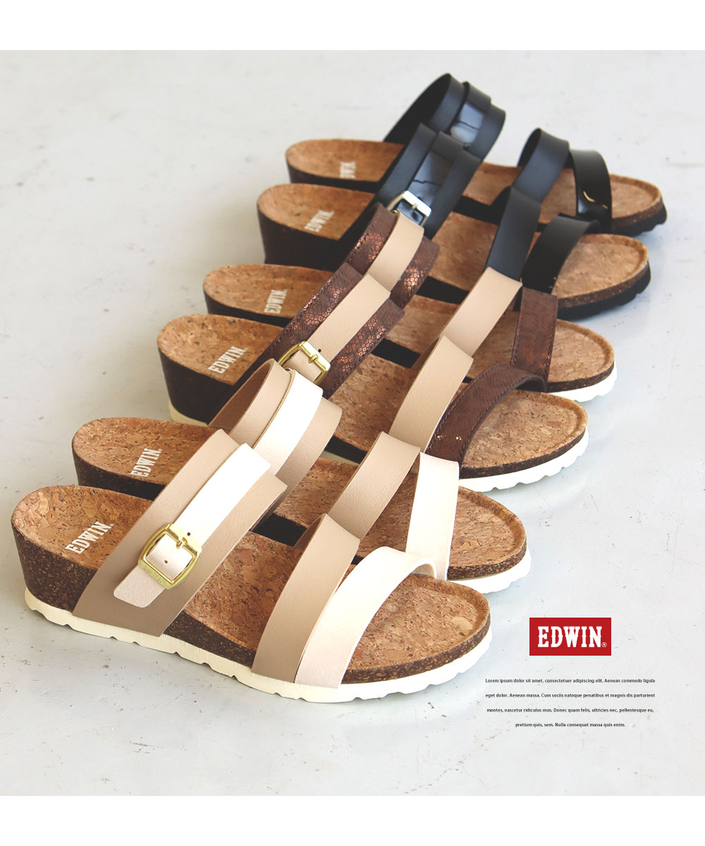 EDWIN エドウィン コンフォートサンダル レディース アーチサポート ヒール4cm 疲れにくい レジャー アウトドア 天然コルク 黒 ブラック ベージュ ブラウン 6012 : スニーカー ...