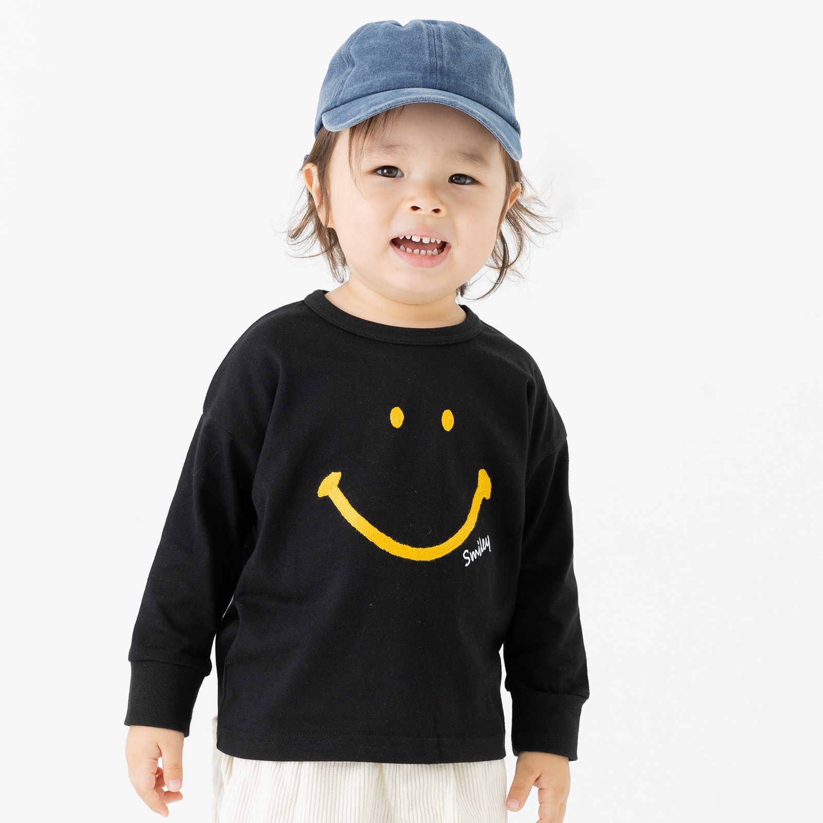 chil2 ネコポス送料無料 在庫処分 キッズ Tシャツ 長袖 ロンT スマイリー ベビー服 子供服 男の子 女の子 かわいい 刺繍 秋 80 90 100 110 120 130 140cm ...