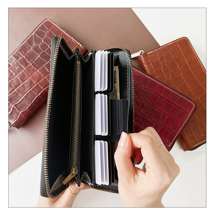 蛇腹 カードポケット付き 長財布 本革 財布 クロコダイル 型押し ラウンド ファスナー サイフ ウォレット 革財布 ラウンド財布 長サイフ カードポケット レザー : チェレステ - 通販 ...