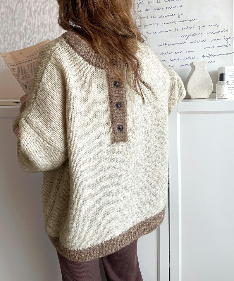 classicalelf 《javaジャバ コラボ》 トップス セーター レディース 2way ミックス カラー 糸 バイカラー ヘンリー U ネック ニット プルオーバー 長袖 レッド 秋 ...