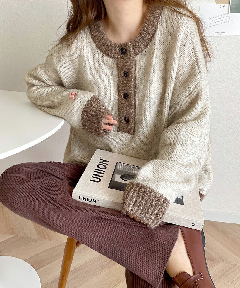 classicalelf 《javaジャバ コラボ》 トップス セーター レディース 2way ミックス カラー 糸 バイカラー ヘンリー U ネック ニット プルオーバー 長袖 レッド 秋 ...