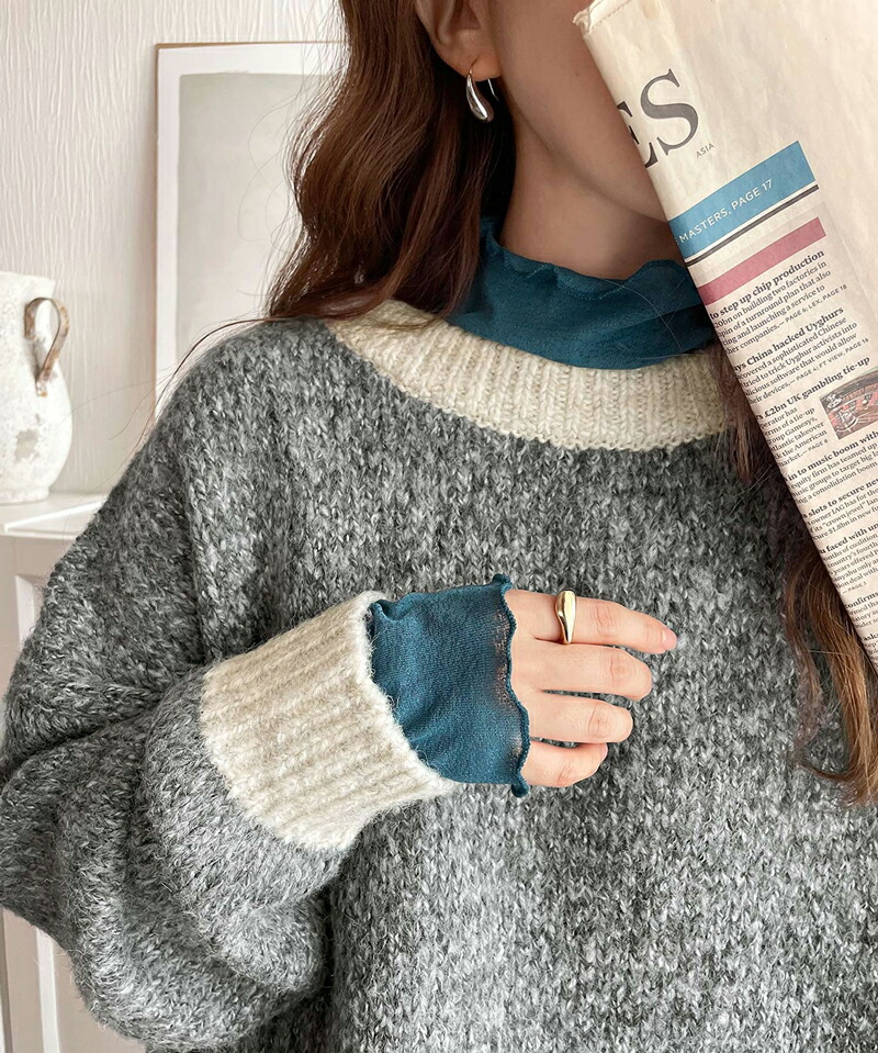 classicalelf 《javaジャバ コラボ》 トップス セーター レディース 2way ミックス カラー 糸 バイカラー ヘンリー U ネック ニット プルオーバー 長袖 レッド 秋 ...