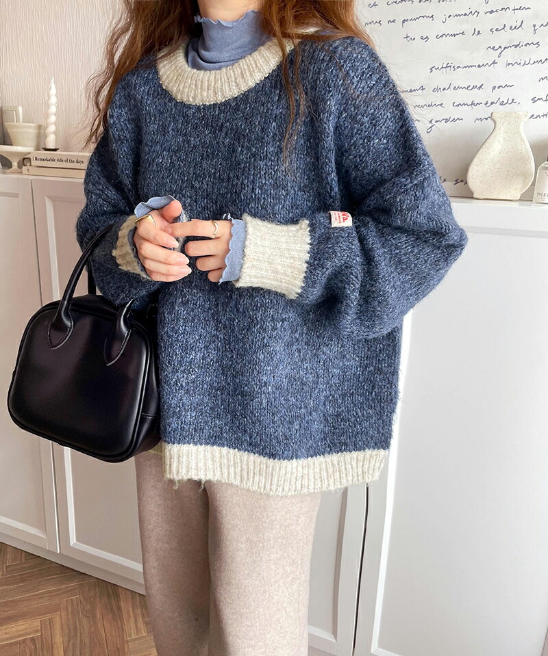 classicalelf 《javaジャバ コラボ》 トップス セーター レディース 2way ミックス カラー 糸 バイカラー ヘンリー U ネック ニット プルオーバー 長袖 レッド 秋 ...