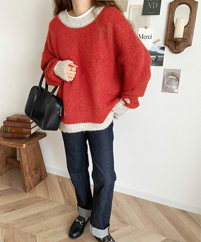 classicalelf 《javaジャバ コラボ》 トップス セーター レディース 2way ミックス カラー 糸 バイカラー ヘンリー U ネック ニット プルオーバー 長袖 レッド 秋 ...