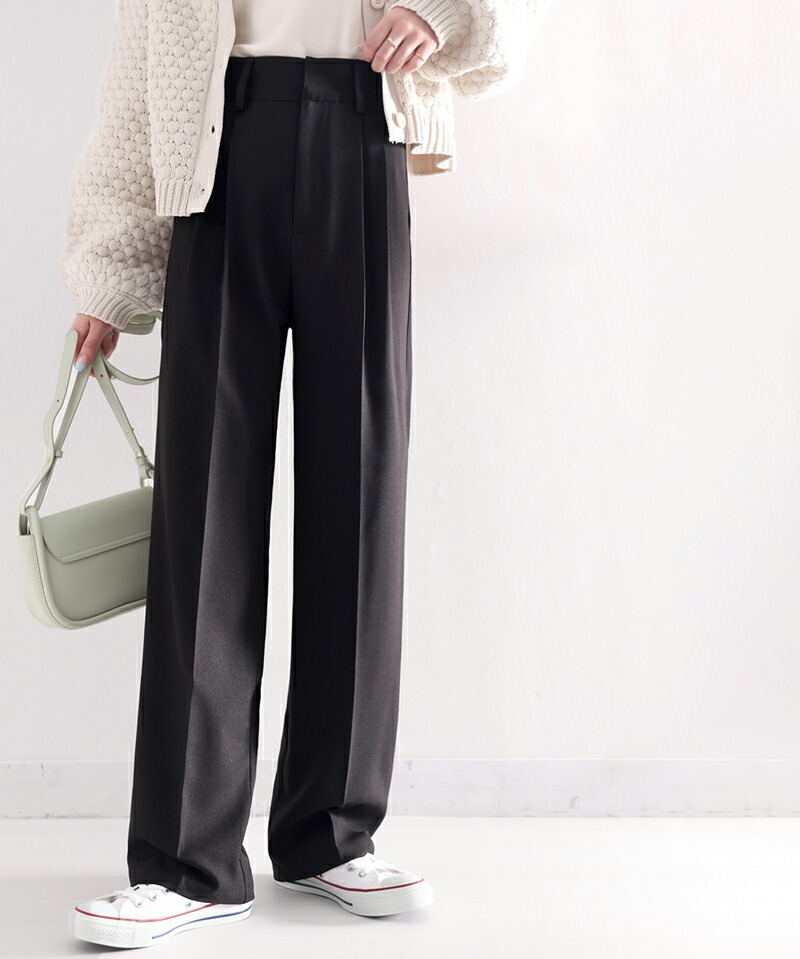 classicalelf ボトムス パンツ レディース ストレート 2タック ワイドシルエット センタープレスパンツ ハイウエスト ベルト 穿き心地 美脚シルエット : Classical ...