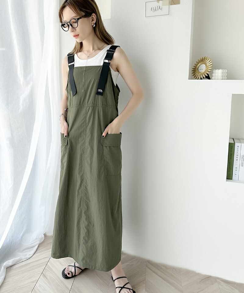 classicalelf 《javaジャバコラボ》 ワンピース レディース 調節可 肩 ベルト シャカシャカ ナイロン ワンピ サイド カーゴ ポケット スリット ドロスト ...