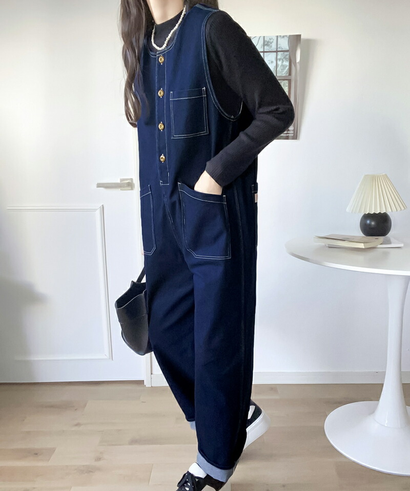 《javaジャバ 別注》 送料無料 パンツ サロペット レディース 前後 2way 配色 ステッチ デニム ワイド テーパード アンティーク ボタン :jv1260054:Classical ...