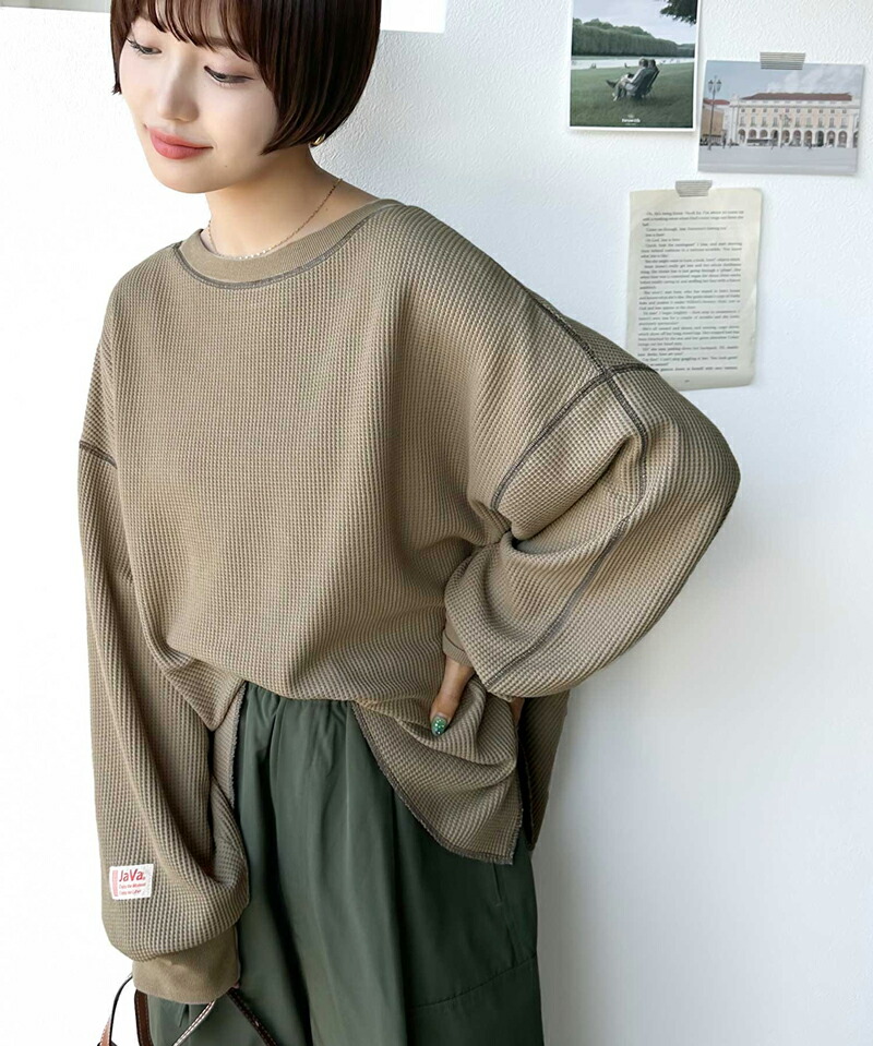 classicalelf 《javaジャバ 別注》 送料無料 トップス Tシャツ レディース 前後 2way 配色ステッチ ワッフル ロンT 男女兼用 ユニセックス メンズ ...