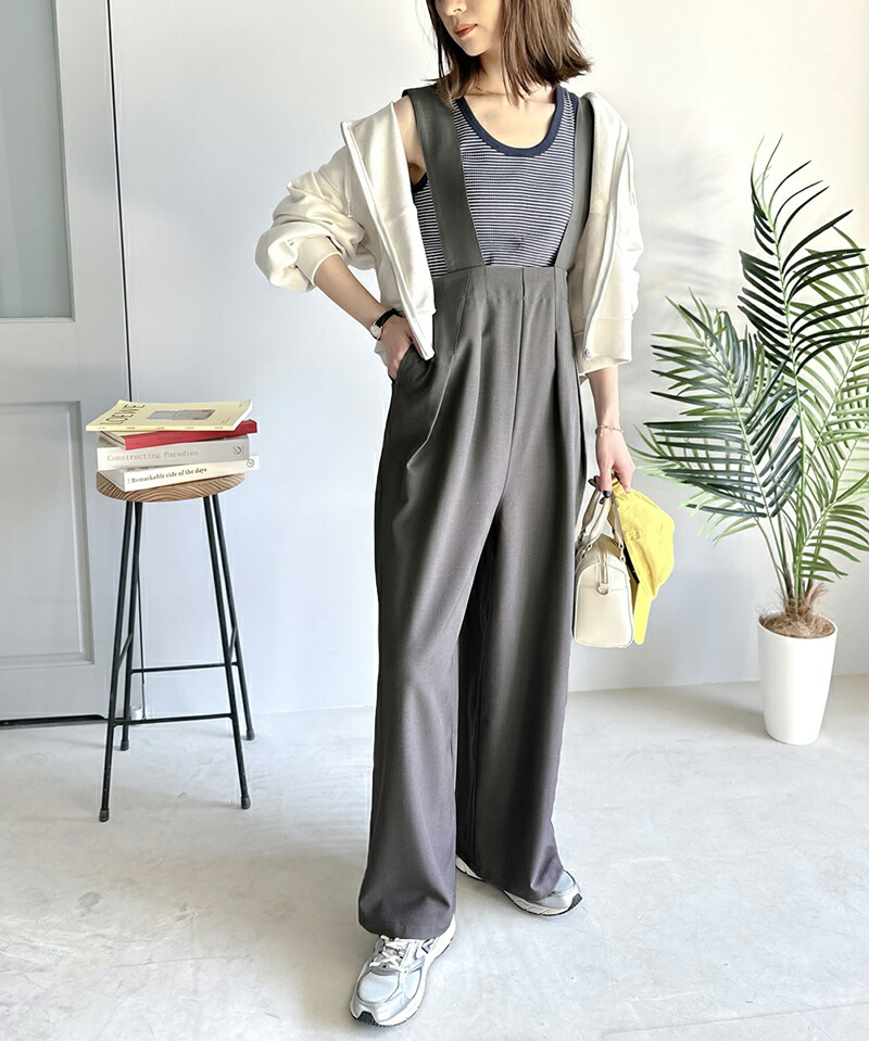 classicalelf 《ms+ ideal》 ボトムス パンツ レディース ハイウエスト サロペット フロントタック ポケット付 レイヤードコーデ ゆったり スタイルアップ ...