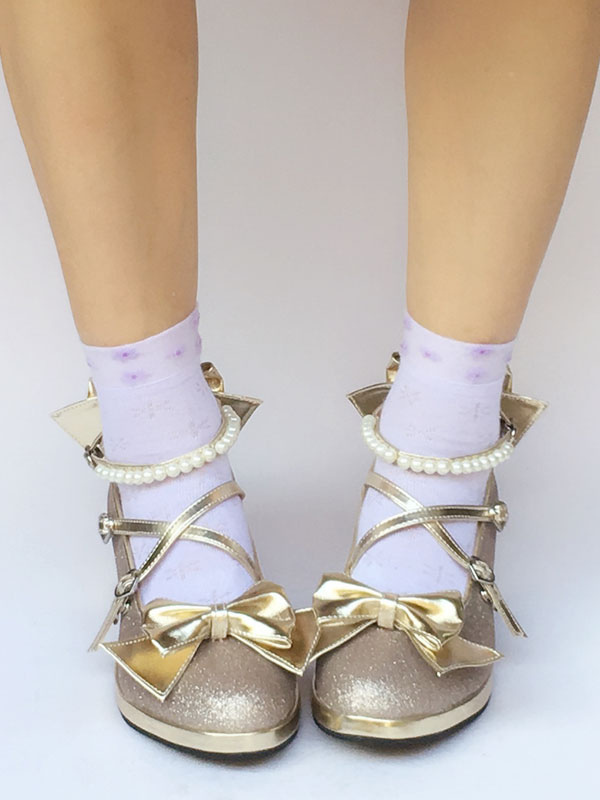 ロリィタ靴 ブラック 無地 ストリートウェア 丸いつま先 PU