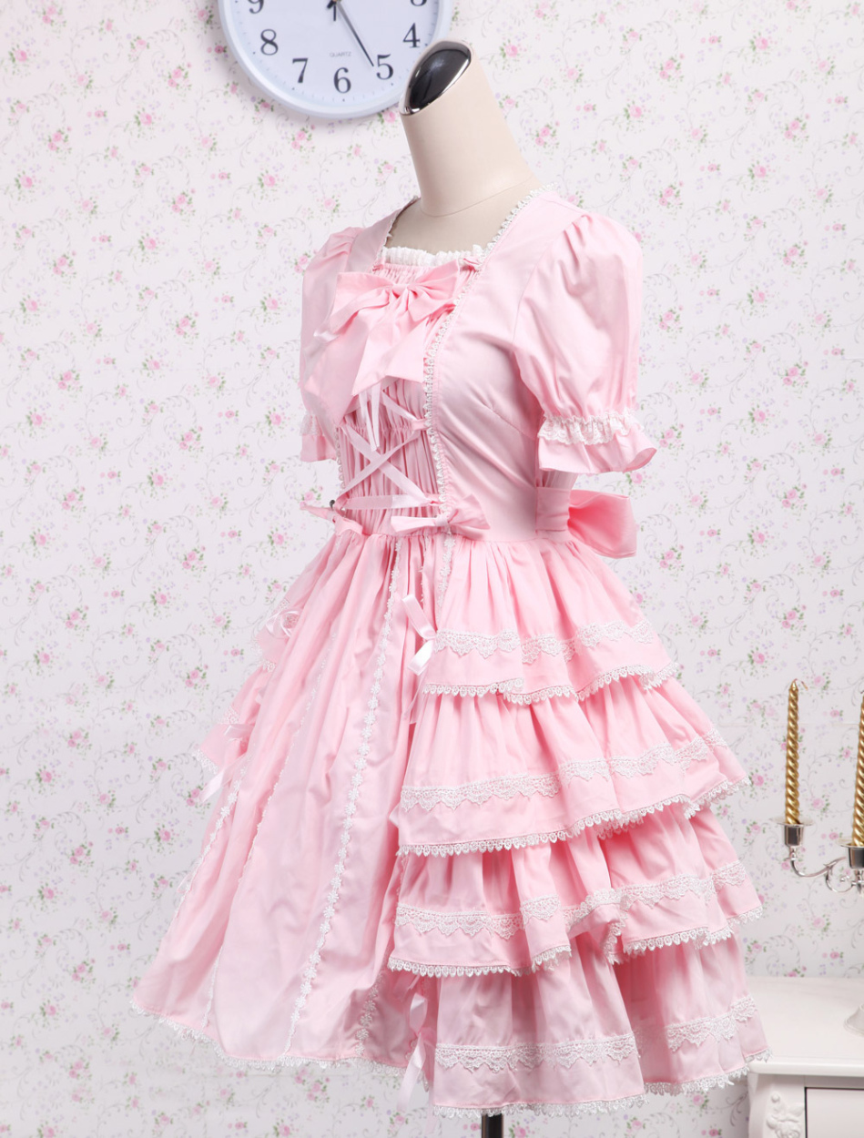 甘いピンクロリータOPドレス 2021 ショートスリーブ フリルデザイン