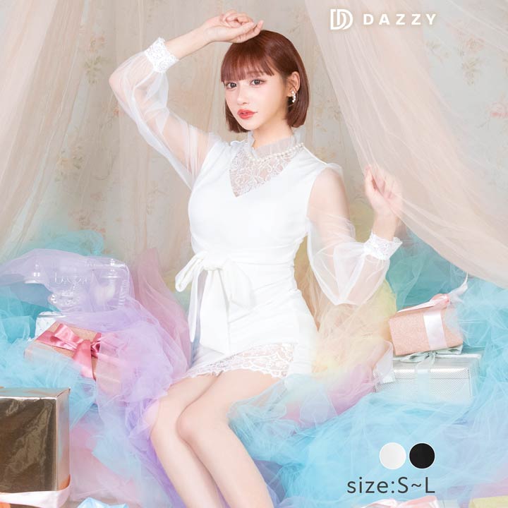ハイネックパールチュール袖ウエストリボンタイトミニドレス :av86219:dazzy store - 通販 - Yahoo!ショッピング