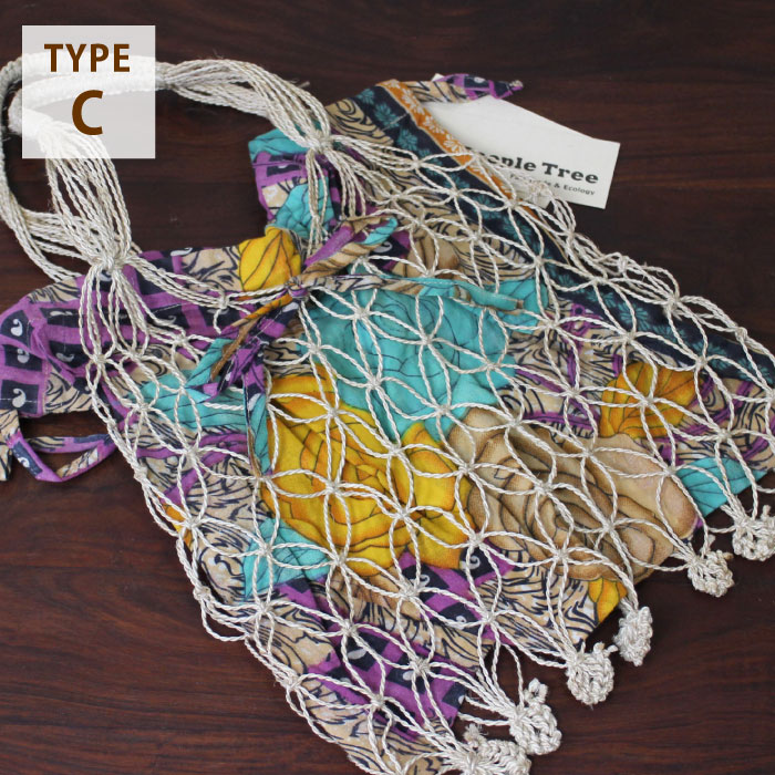 People Tree マクラメバッグ トートバッグ（ PeopleTree リサイクルサリー＆マクラメ巾着バッグ ）PeopleTree フェアトレード コットン 網 編み （メール便可 ...