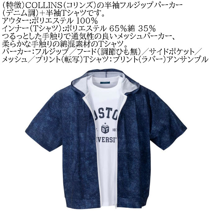 大きいサイズ メンズ COLLINS メッシュデニム風プリント半袖フルジップ