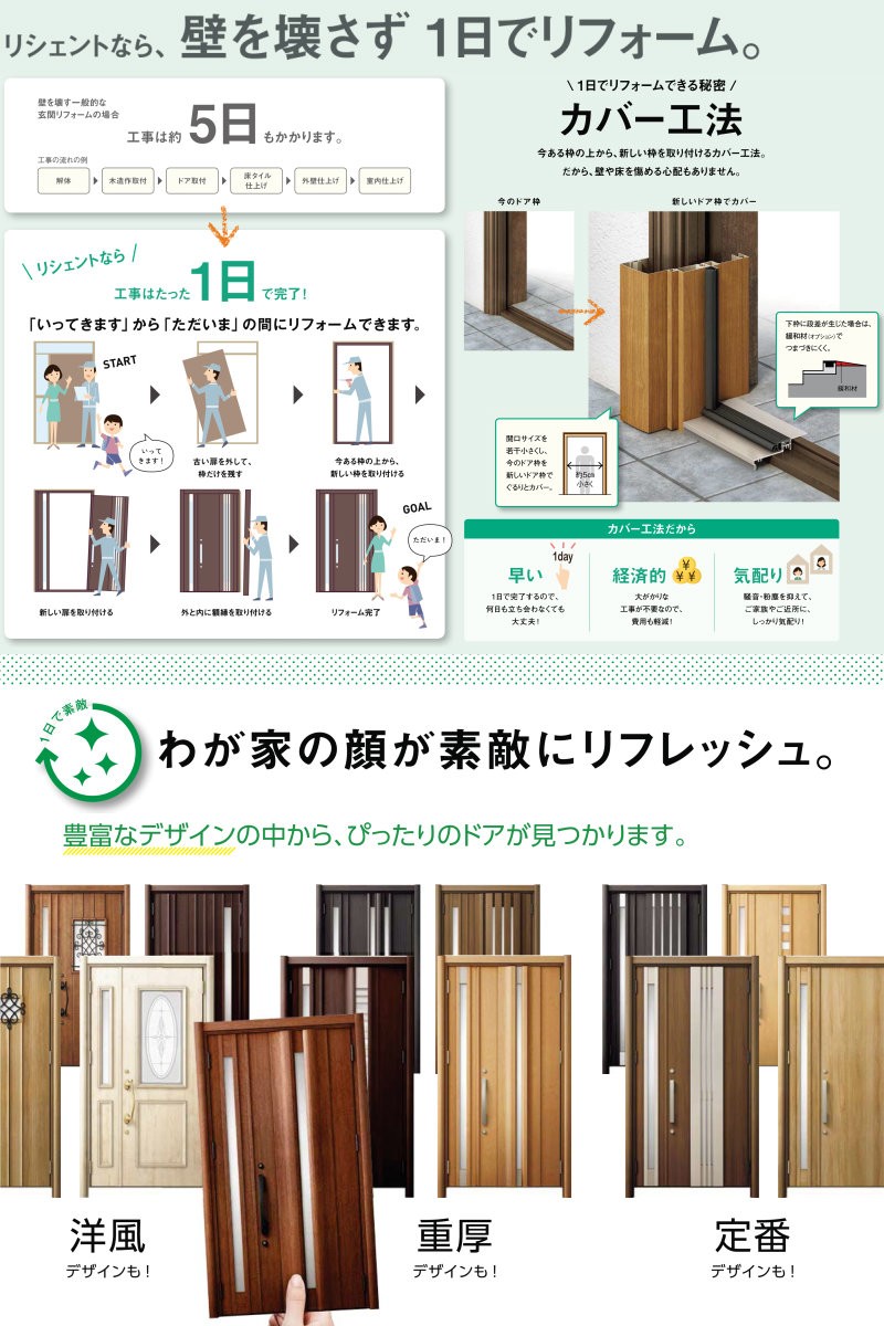 【工事パック】 リフォーム用玄関ドア リシェント3 親子ドア ランマなし C16N型 アルミ仕様 W1011～1484×H1838 ...