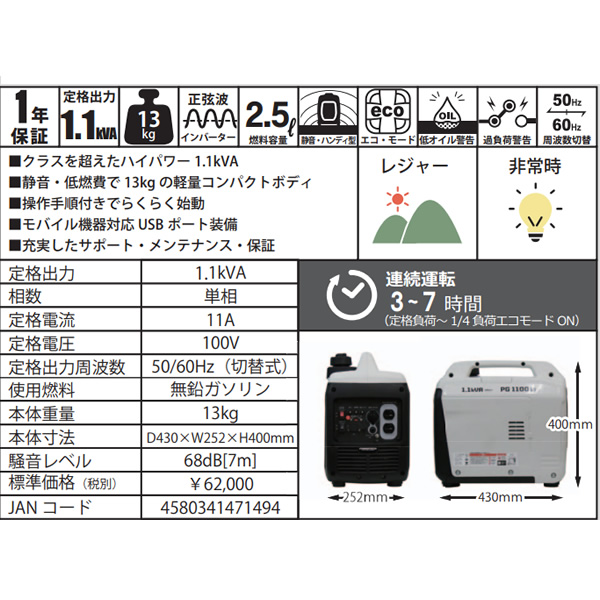 POWERTECH（パワーテック） 発電機 インバーター ガソリン 1.1kVA PG1100is /srm : スーパーぎおん ヤフーショップ - 通販 - Yahoo!ショッピング