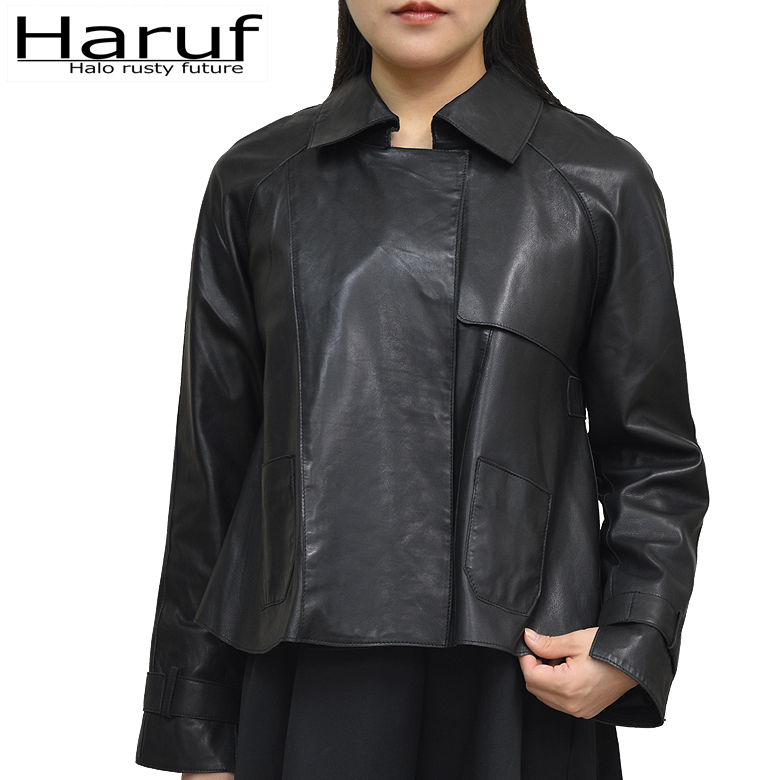 Haruf（ハルフ） レザージャケット ショートトレンチ レディース トレンチコート レザートレンチ 革ジャン 本革 革 ラムレザー 秋冬 ...