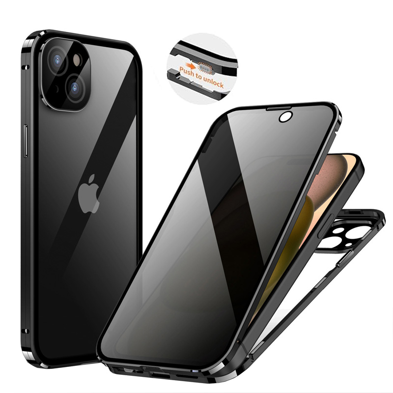 画面覗き見防止 両面ガラス バンパーロック iPhone15 iPhone15Plus iPhone15Pro iPhone15ProMax ケース 両面 9H強化ガラス カバー アルミ ...
