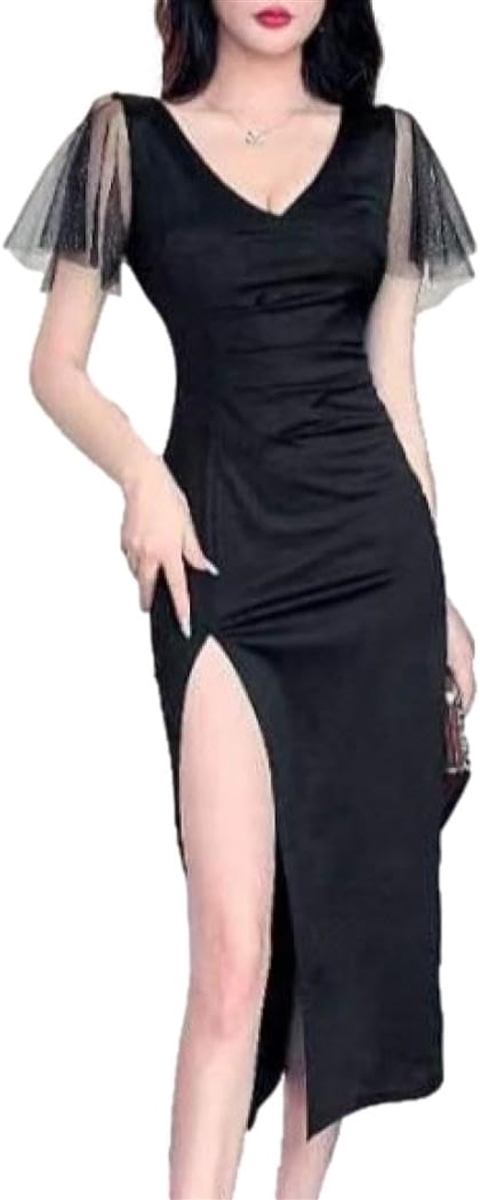 ディープ スリット ワンピース シアー タイト ミディ クラブ ドレス Vネック 半袖 フレア ボディコン EC5( ブラック, M ...
