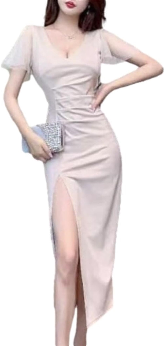 ディープ スリット ワンピース シアー タイト ミディ クラブ ドレス Vネック 半袖 フレア ボディコン EC5( ベージュ, M ...