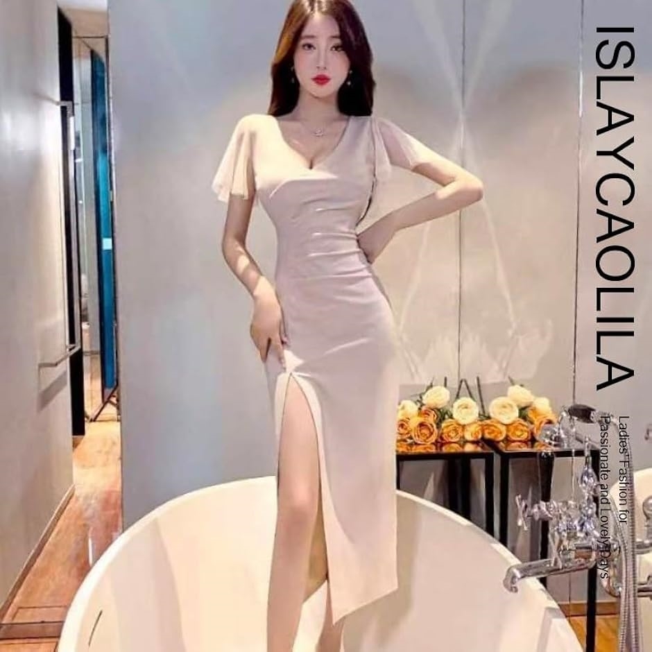 ディープ スリット ワンピース シアー タイト ミディ クラブ ドレス Vネック 半袖 フレア ボディコン EC5( ベージュ, M) : スピード発送 ホリック - 通販 - Yahoo ...