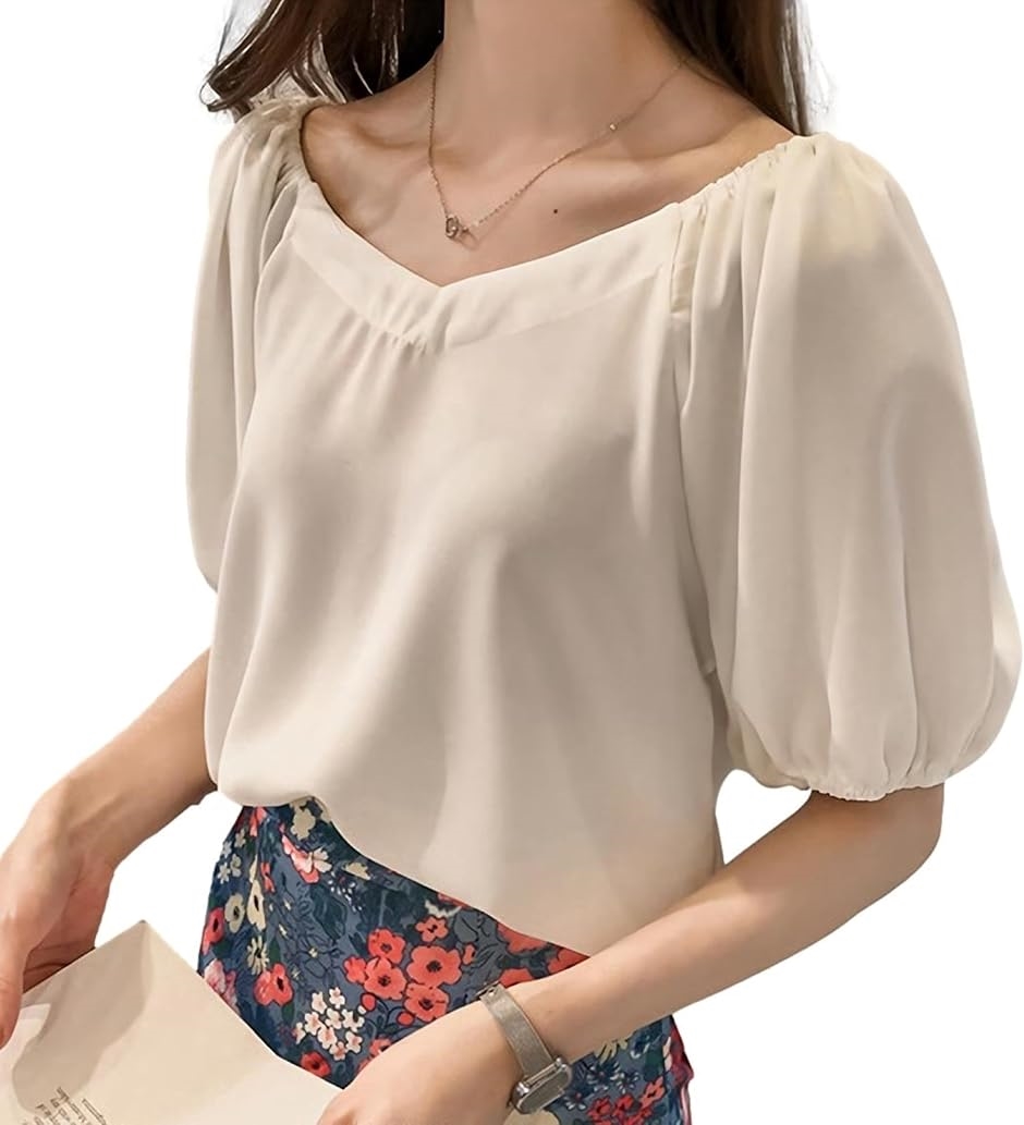 ブラウス レディース パフスリーブ 五分袖 シフォン Vネック 裏地無 無地 シルク風(ホワイト BB009-WH-XL, XL) : スピード発送 ホリック - 通販 - Yahoo!ショッピング