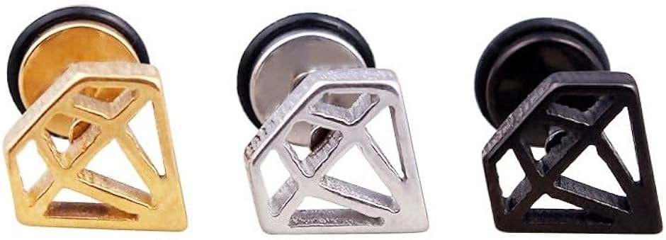 ピアス 3点セット スタッドピアス ネジ切りポスト 人気モチーフ 18G つけっぱなし お揃い (シルバー|ブラック|ゴールド, 中 ...