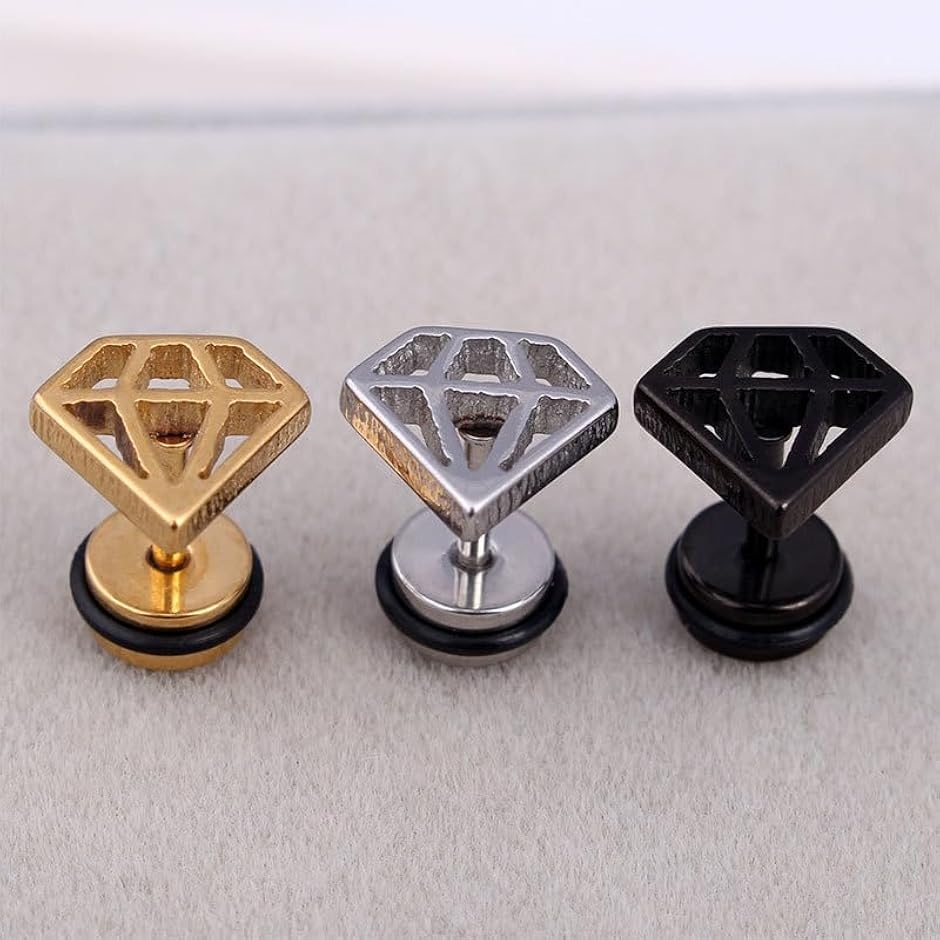ピアス 3点セット スタッドピアス ネジ切りポスト 人気モチーフ 18G つけっぱなし お揃い (シルバー|ブラック|ゴールド, 中 ...