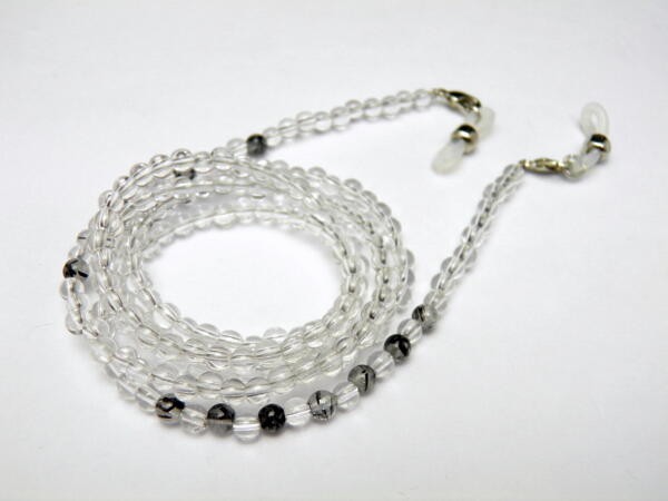 水晶 3A ＆ブラックルチルクォーツ 4mm玉 デザインメガネチェーン 眼鏡