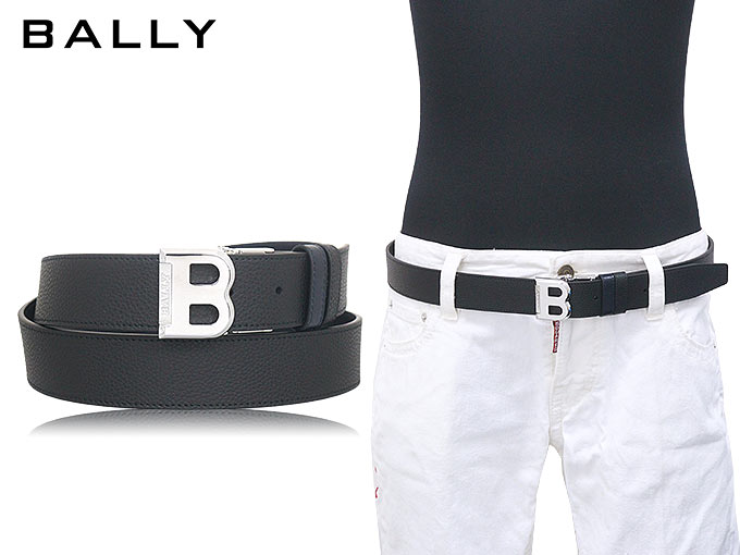 バリー BALLY 小物 ベルト #590572 ブラック×ダークブルー B エンボス レザー リバーシブル ベルト アウトレット メンズ ...