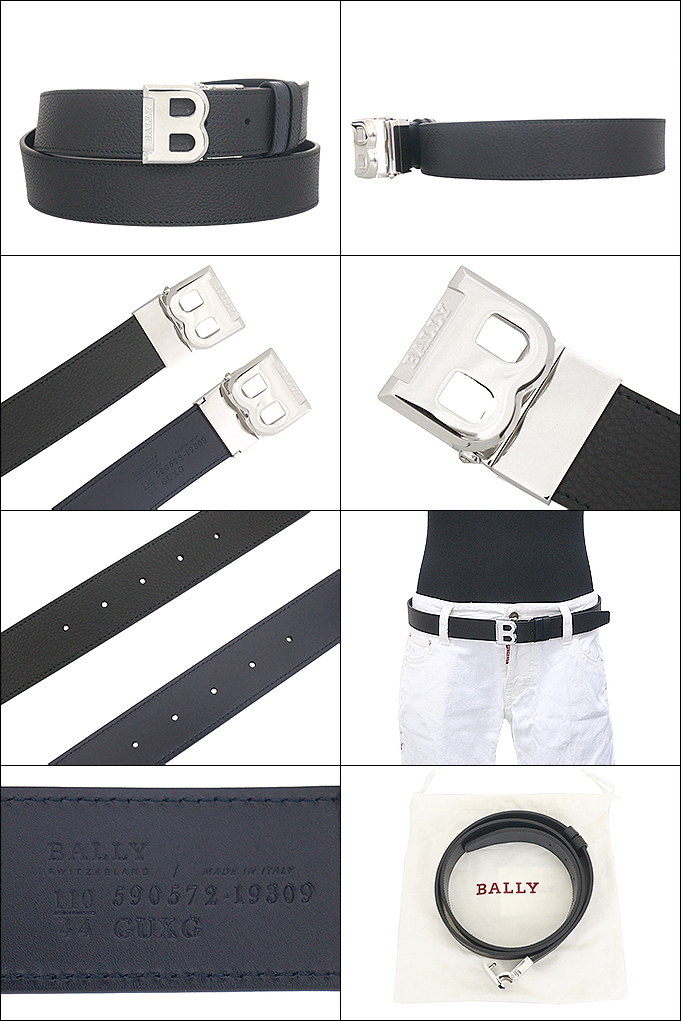 バリー BALLY 小物 ベルト #590572 ブラック×ダークブルー B エンボス レザー リバーシブル ベルト アウトレット メンズ ...