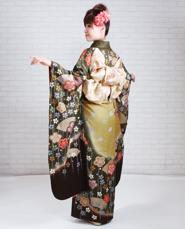 振袖 2月〜12月使用 振袖 レンタル モスグリーン色 扇面に花 NT-180 送料無料 振袖レンタル 振袖 レンタル レンタル振袖 結婚式 参列 モスグリーン