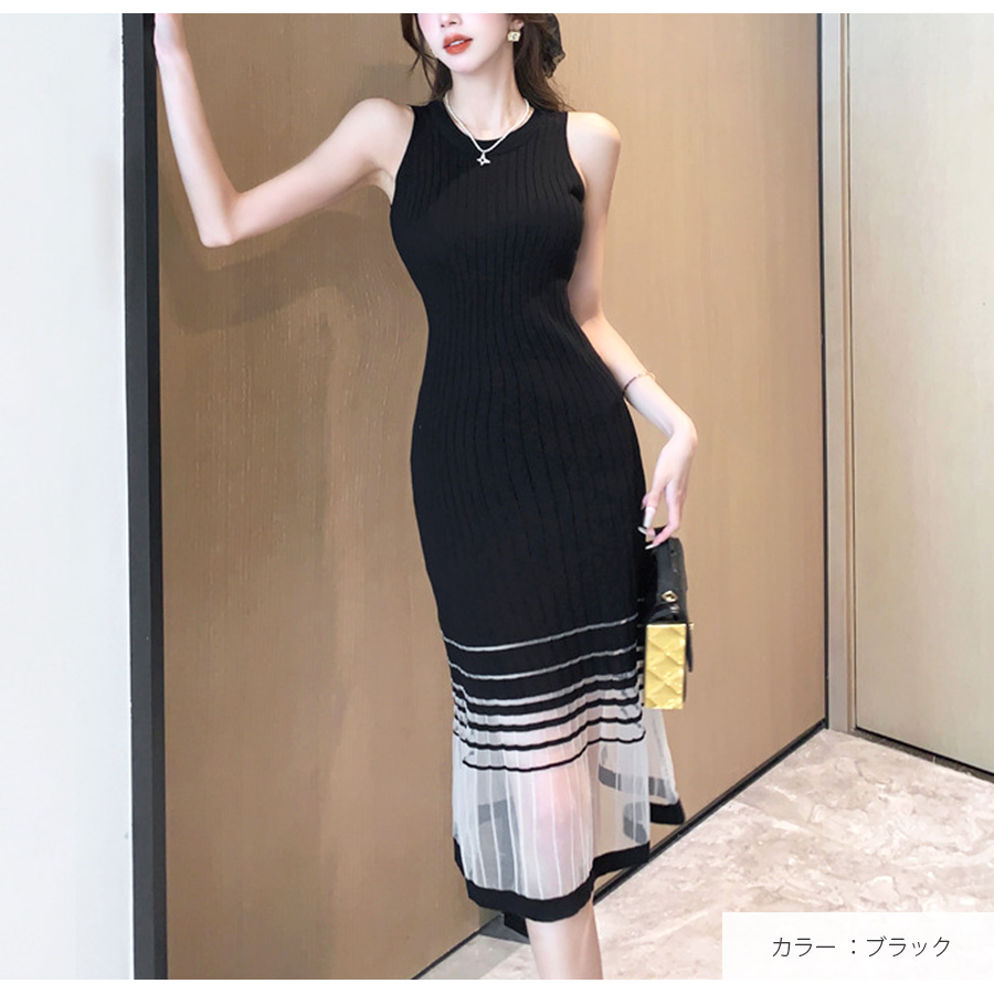 ニットワンピース シースルー マルチボーダー ミディ丈 ノースリーブ リブニット 春 夏 秋 新作 ブラック ベージュ イエロー パープル フリーサイズ JOCOSA 9276 ...