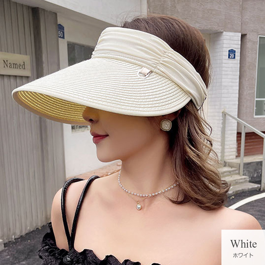 サンバイザー 麦わら 帽子 リボン つば広 調整付き シンプル 春 夏 秋 新作 ブラック ホワイト ピンク ブラウン アイボリー フリーサイズ JOCOSA 9432 :9432 ...