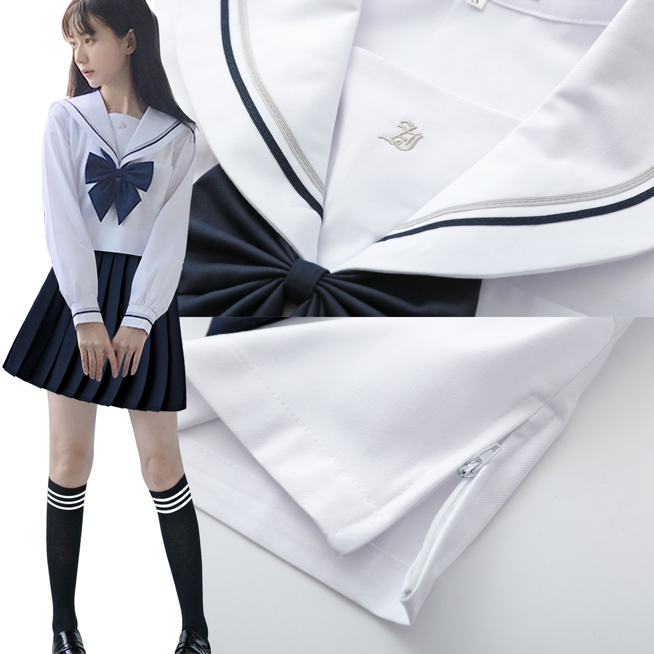 LOKIPA セーラー服 コスプレ 女子高生 3点セット 長袖 制服スカート 学生服 仮装 JK スカート ストッキング 白 紺い 学園祭 衣装 蝶結び かわいい : カイシンストア - 通販 ...