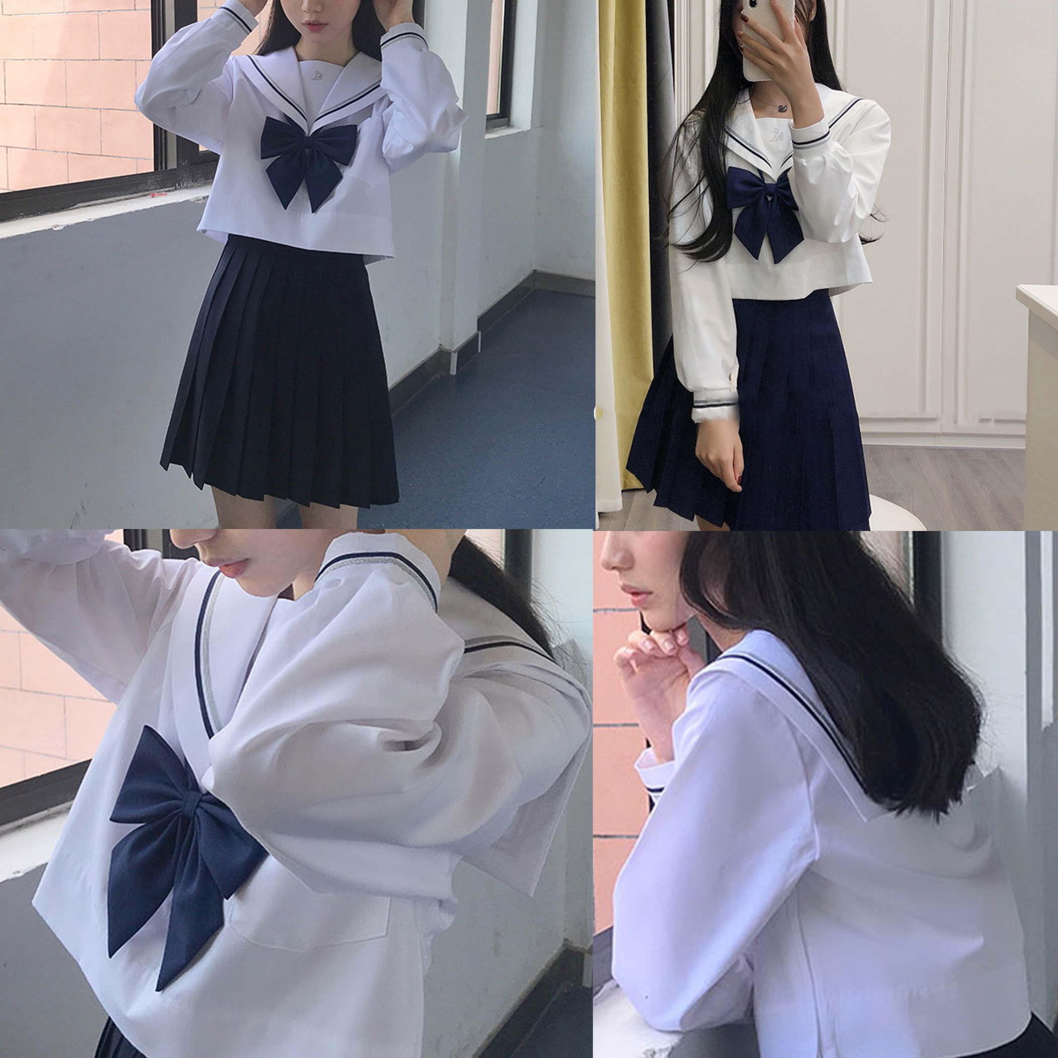 LOKIPA セーラー服 コスプレ 女子高生 3点セット 長袖 制服スカート 学生服 仮装 JK スカート ストッキング 白 紺い 学園祭 衣装 蝶結び かわいい : カイシンストア - 通販 ...
