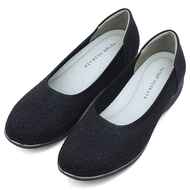 REFRESH WALK リフレッシュウォーク パンプス ニット ラインストーン ラウンドトゥ コンフォート 3E 幅広設計 軽量 屈曲 防滑 レディース プレゼント ギフト ...